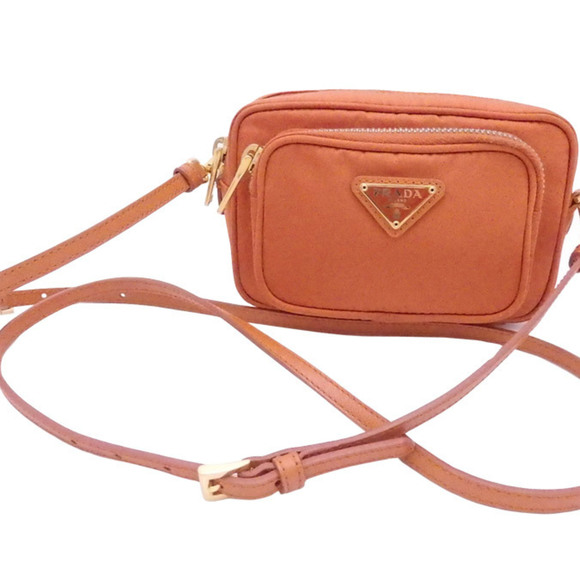 Prada | Bags | Prada Diagonal Shoulder Bag Logo Orange Nylon X Leather ...